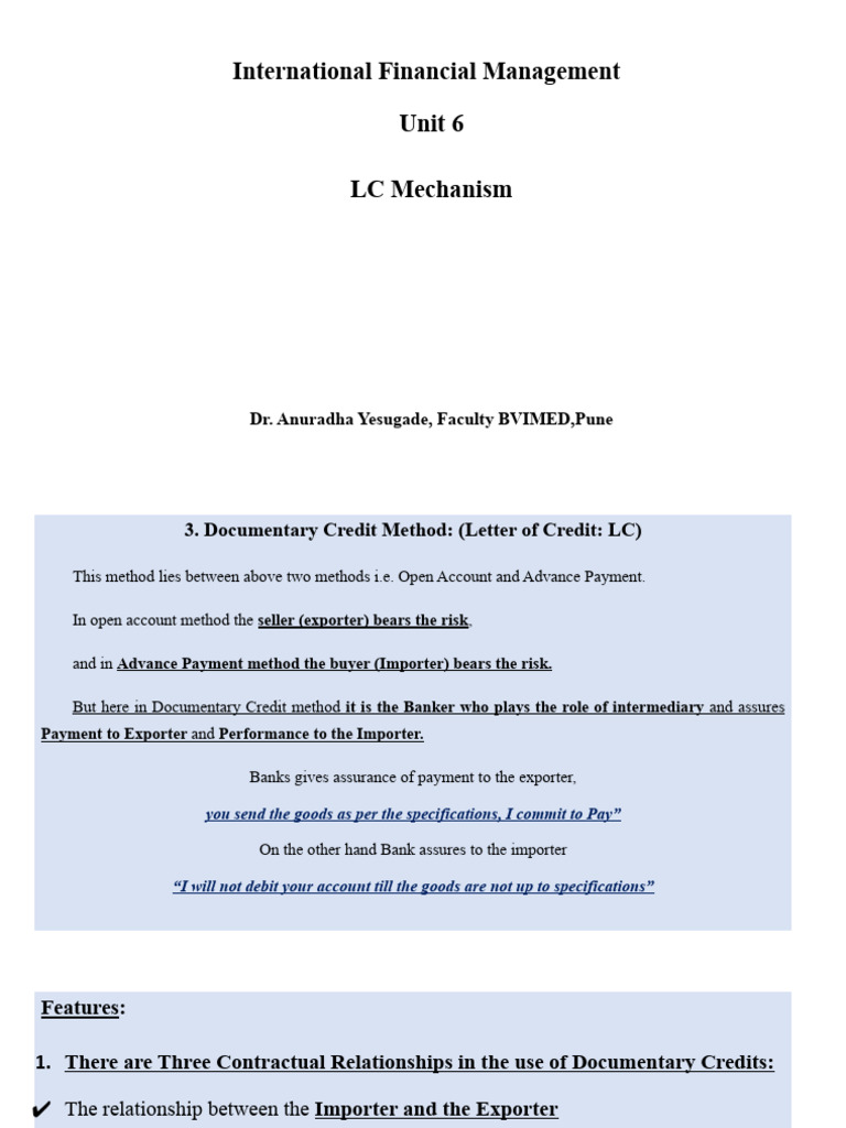 IFM UNIT 6 - LC Mechanism | PDF | Letter Of Credit | Banks