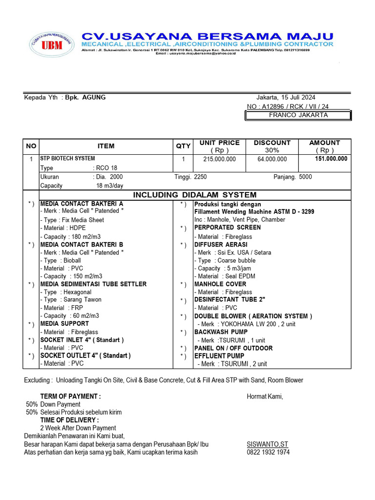 Penawaran STP Biotech RCO 18 m3/day | PDF | Volume | Environmental ...