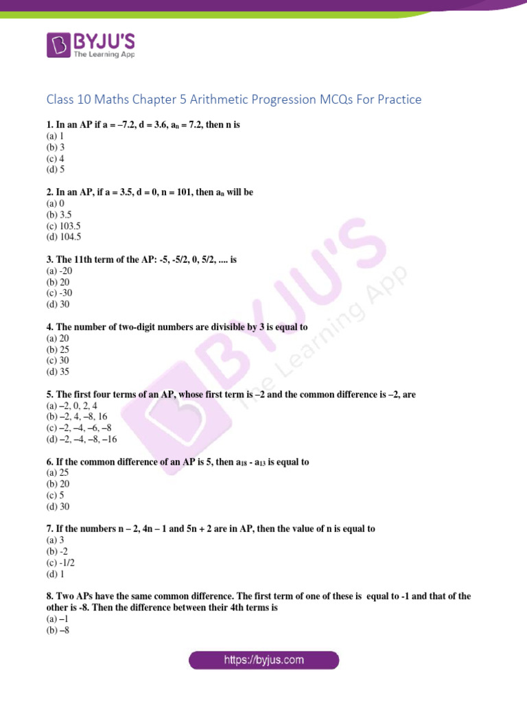 Class 10 Maths Chapter 5 Arithmetic Progression MCQs For Practice | PDF | Teaching Methods ...