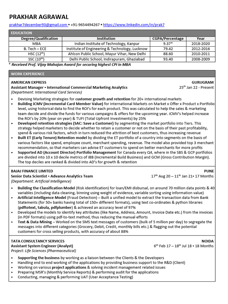 Resume Prakhar Agrawal 2024 04-1 | PDF | Analytics | Marketing