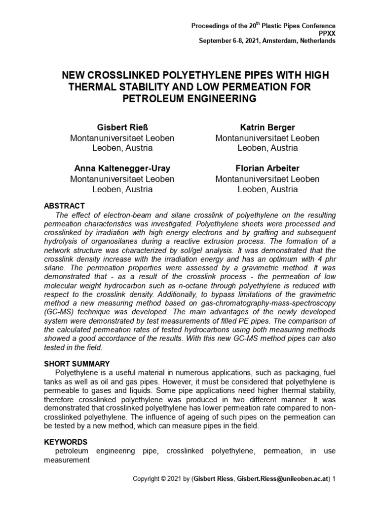 New Crosslinked Polyethylene Pipes With High Thermal Stability and Low ...