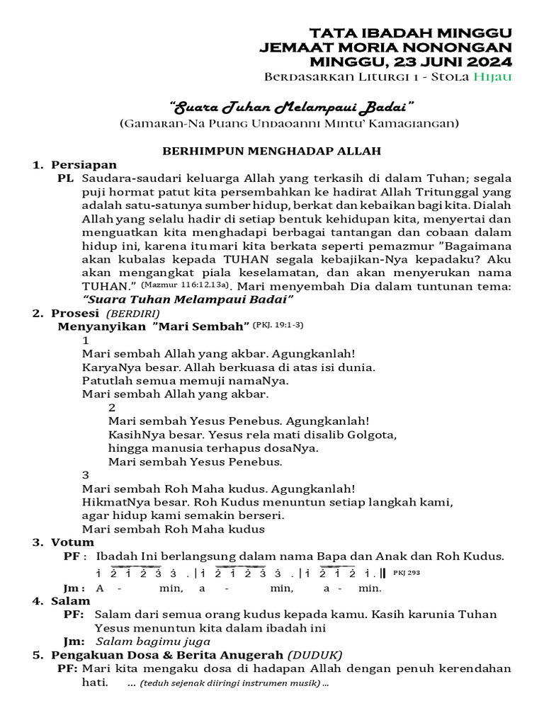 Tata Ibadah Hari Minggu - 23 Juni 2024 (L1) | PDF | Kesehatan Holistik | Agama & Spiritualitas