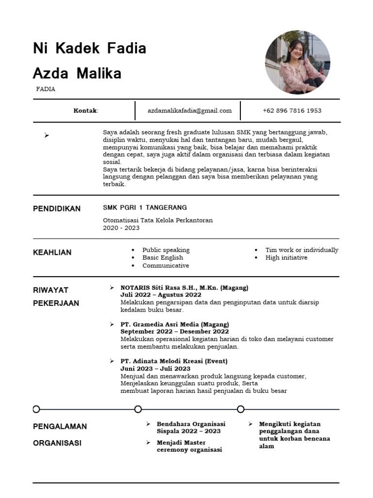 CV - Ni Kadek Fadia Azda Malika | PDF