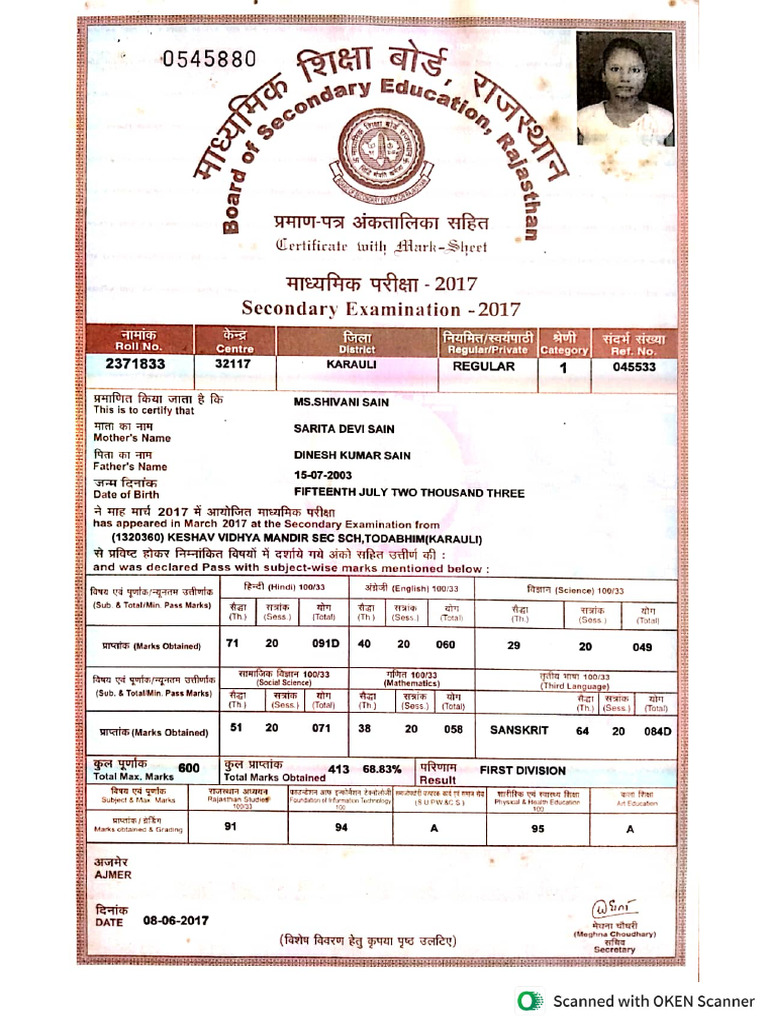 Shivani Sain - 1 - 10th Marksheet | PDF