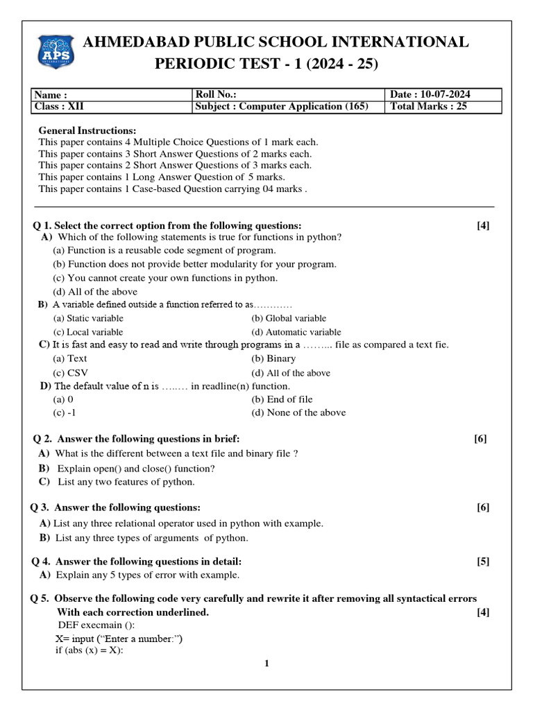 PT1 Xii CS QP | PDF | Python (Programming Language) | Parameter (Computer Programming)