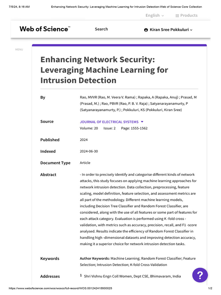 Enhancing Network Security - Leveraging Machine Learning For Intrusion Detection-Web of Science ...