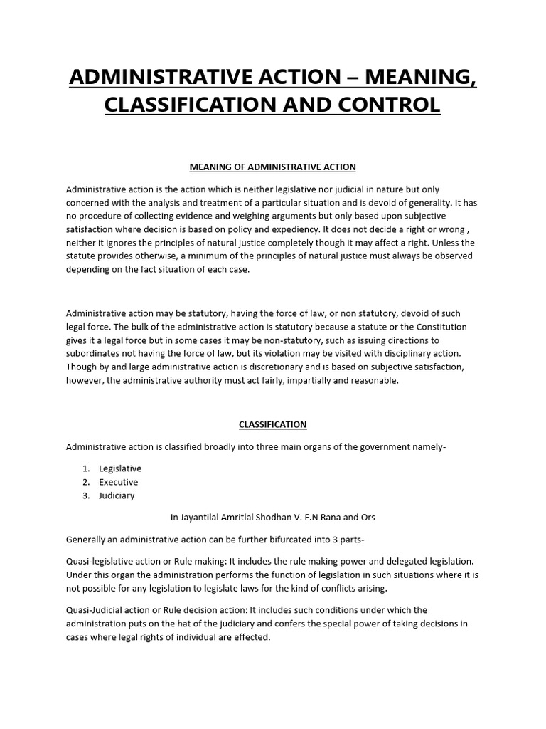 ADMINISTRATIVE ACTION – MEANING, CLASSIFICATION AND CONTROL | Download Free PDF | Writ ...