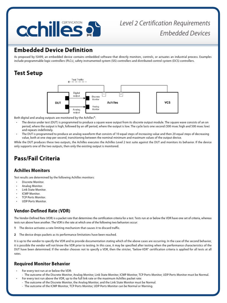 Achilles Certification Level 2 Requirements - Embedded Device | PDF | Transmission Control ...