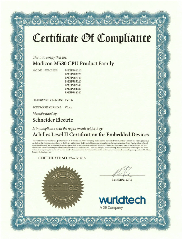 Modicon M580 CPU Product Family Achilles Certificate | PDF
