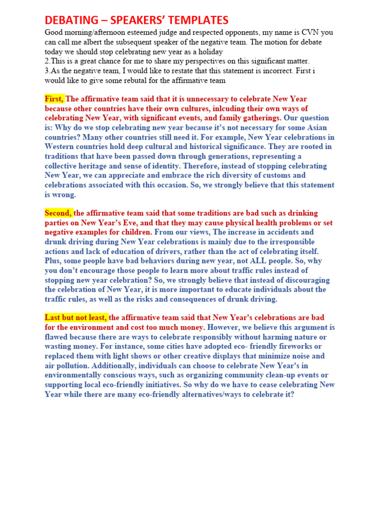 Debating Template - Speaker 3 | PDF | Traditions | Natural Environment