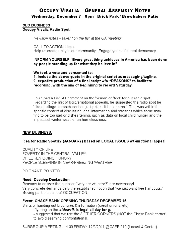 Occupy Visalia General Assembly Notes 12-7-11 | PDF | Law