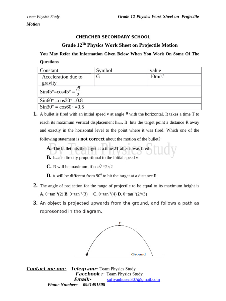 Grade 12 Physics Work Sheet On Projectiles Motion @ENTRANCE TRICKS ...