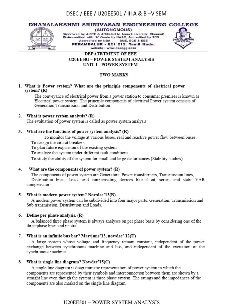 PSA 2 Marks | PDF | Electric Power System | Electrical Impedance