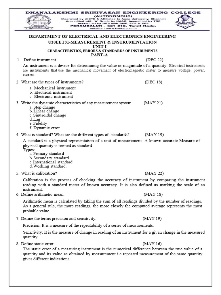 U20ee402 M&i 2marks With Answers | PDF | Frequency Modulation | Electrical Network