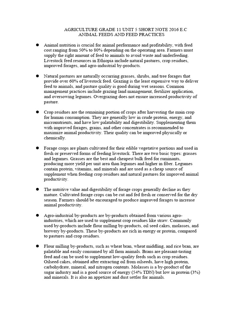 Agriculture Grade 11 Unit 5 Short Note | PDF | Animal Feed | Agriculture