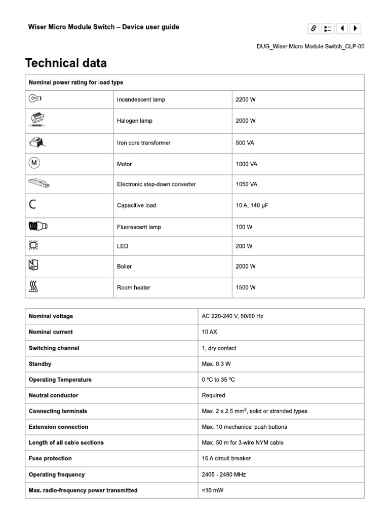 Wiser Micro Module Switch - Technical Data | PDF