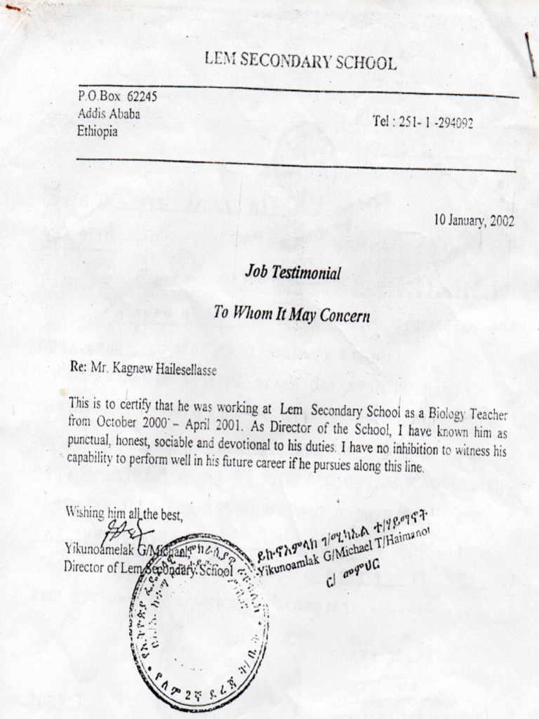 Lem Secondary School - Letter of Job Experience | PDF