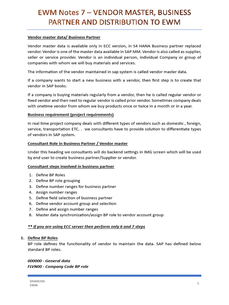 Notes 7 Vendor Master, Business Partner and Distribution To EWM233 ...