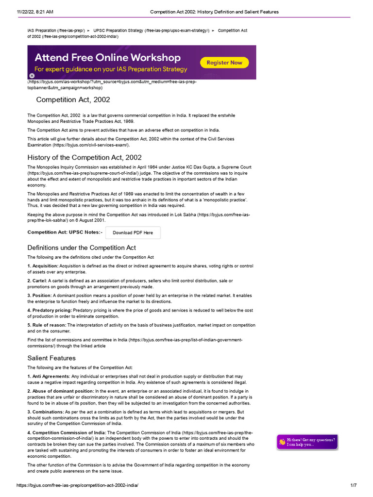 Competition Act 2002 - History, Definition and Salient Features | PDF ...