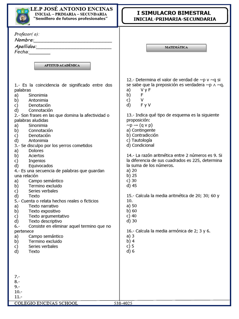 Simulacro I Bimestre 5ro Secundaria (Reparado) | PDF | Prestado