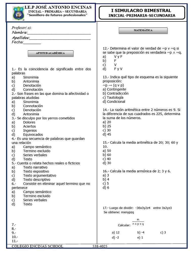 Simulacro I Bimestre 3ro Secundaria Actualizado | PDF | Francia | Prestado