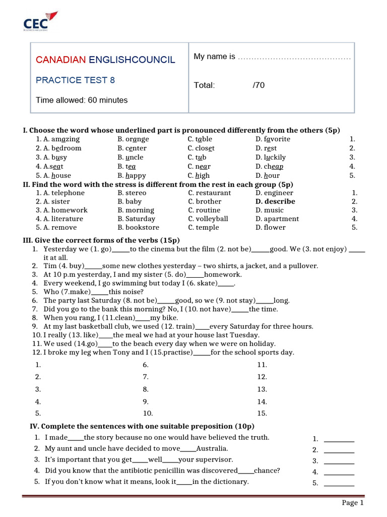 Classwork Practice Test 8 - Student | PDF