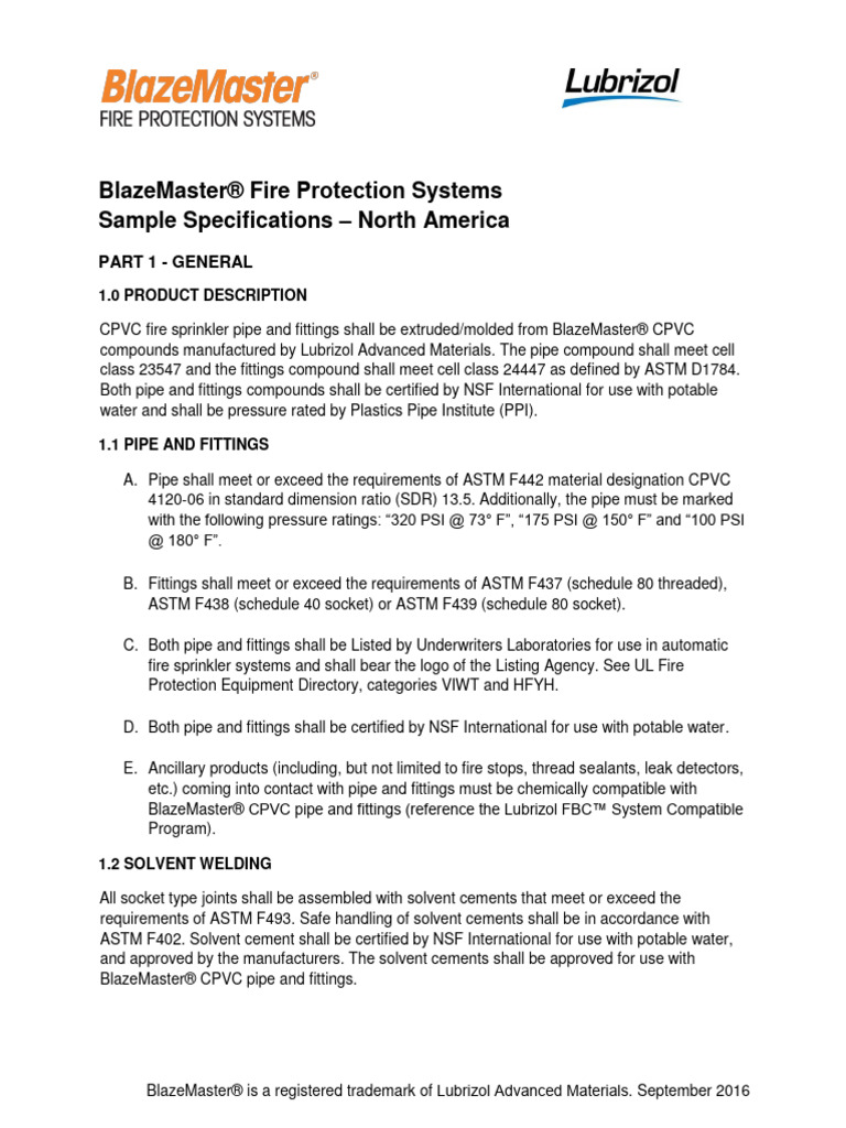 BlazeMaster Sample Specification - North America | PDF | Polyvinyl Chloride | Pipe (Fluid ...