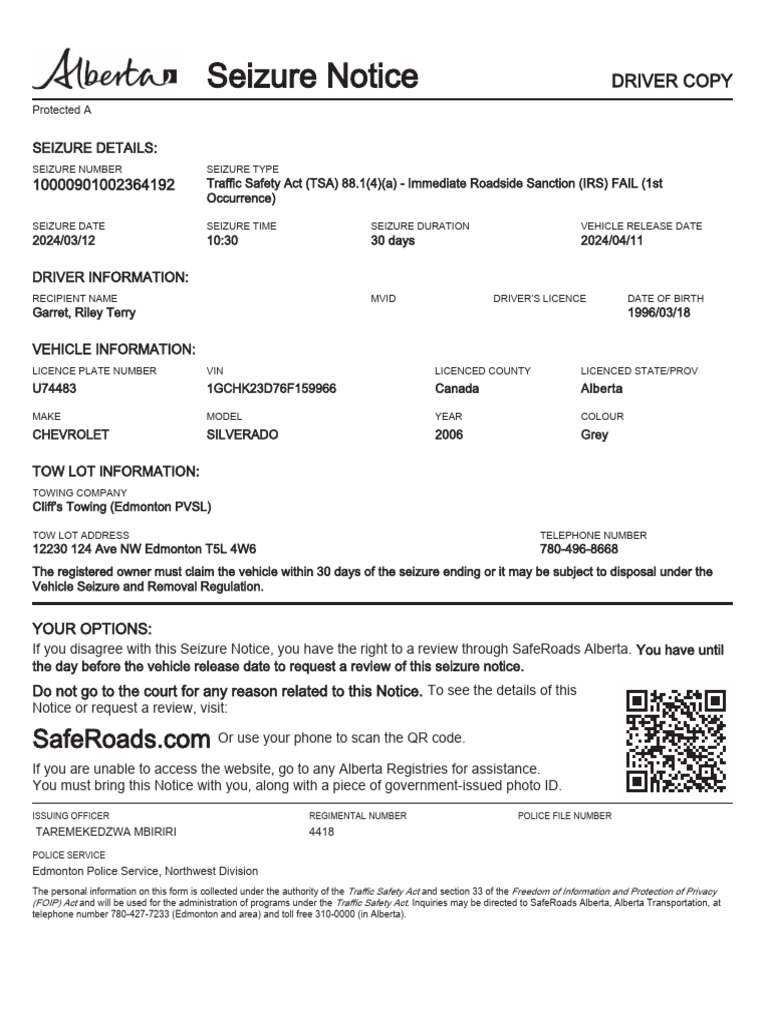 Alberta Traffic Seizure Notice | PDF | Road Transport | Land Transport