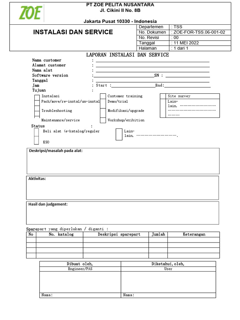 Formulir Instalasi & Service | PDF