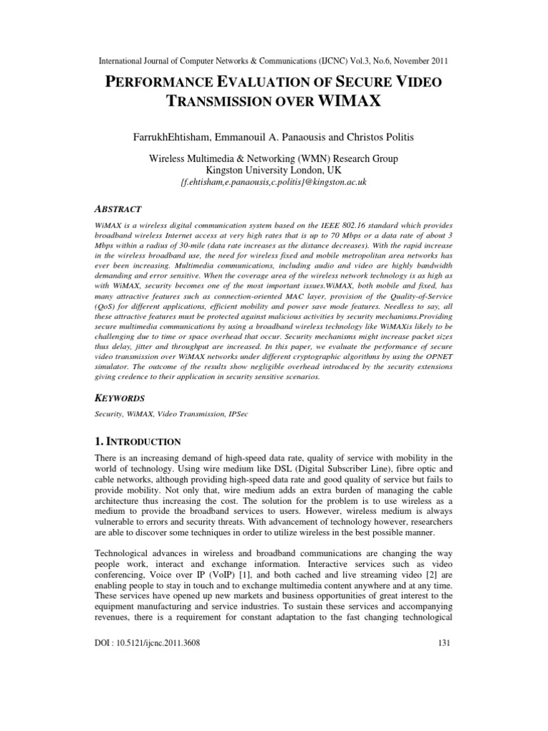 Performance Evaluation Of Secure Video Transmission Over Wimax Pdf