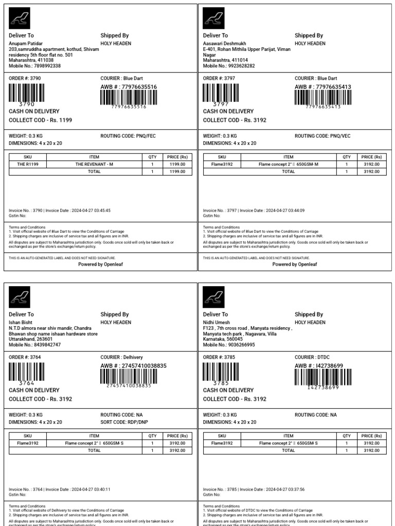 Shipping Labels Bulk 27-04-2024 | PDF