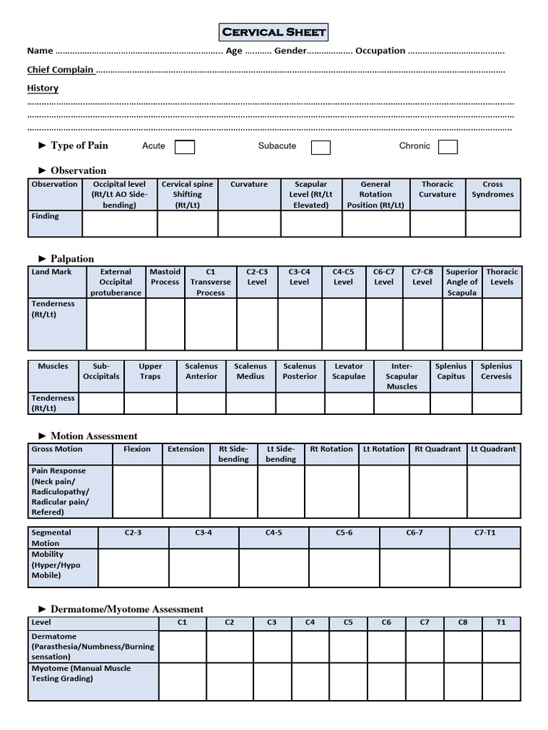 Cervical Assessment Sheet | PDF | Anatomical Terms Of Motion ...