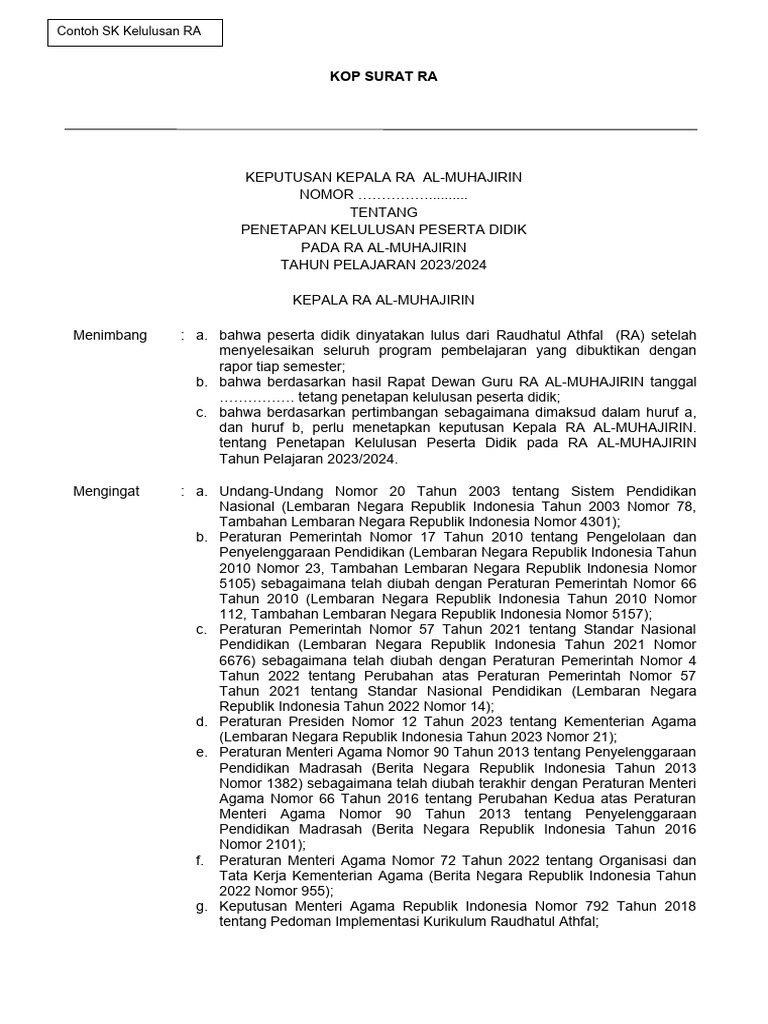 RA - Contoh SK Kelulusan Peserta Didik 2024 | PDF
