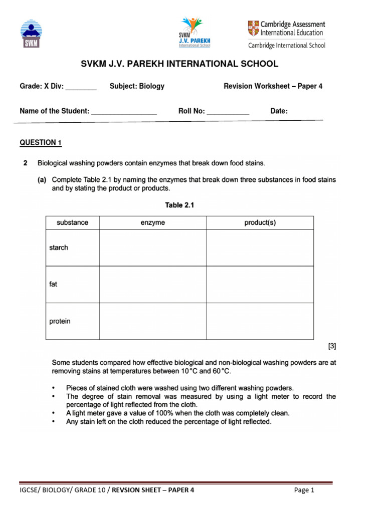 Grade 10 - Bio - WS - Paper 4 | PDF