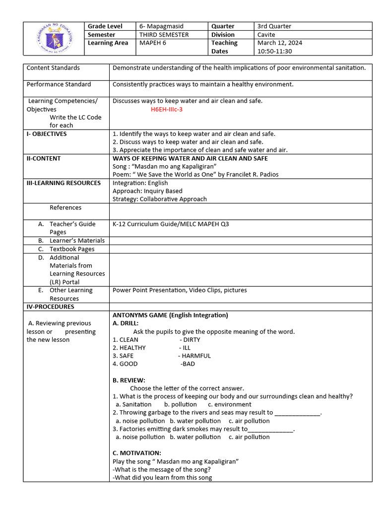 Cot Health 6 q3 Lesson Plan | PDF | Learning | Inquiry Based Learning