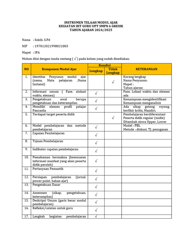 Instrumen Tela'ah Modul Ajar | PDF