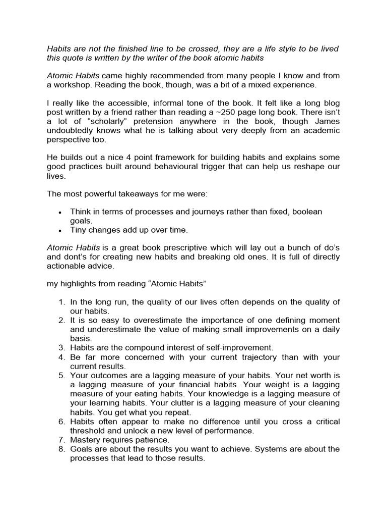 Atomic Habits Write Up | PDF | Learning | Behavioural Sciences