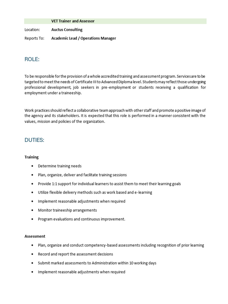VET Trainer and Assessor Role Overview | PDF | Educational Technology ...