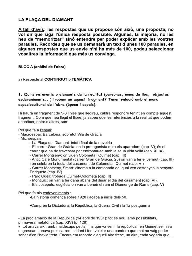 La Plaça Del Diamant | PDF