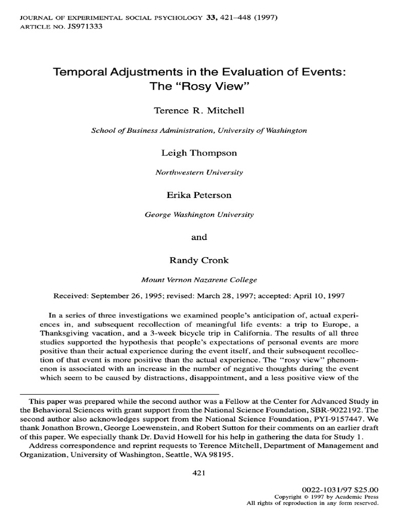 Temporal Adjustments in The Evaluation of Events - The Rosy View'' - Elsevier Enhanced Reader | PDF