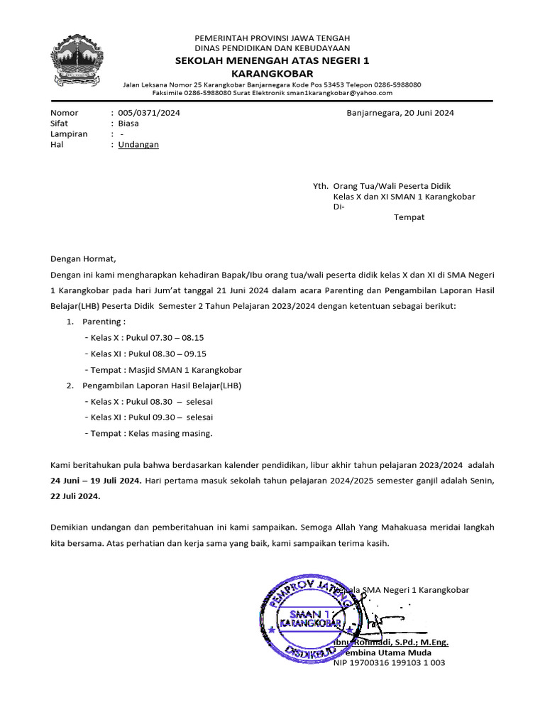 Surat Undangan Pengambilan LHB 24 - Parenting | PDF