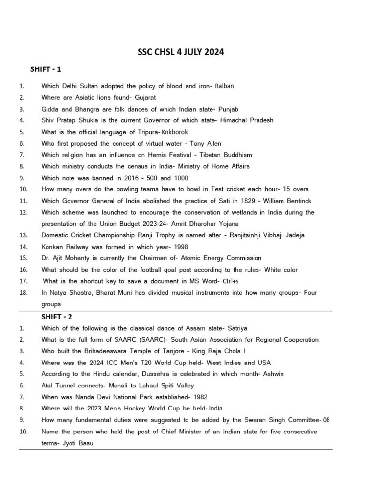 SSC CHSL 4 JULY 2024 - English | PDF | South Asia