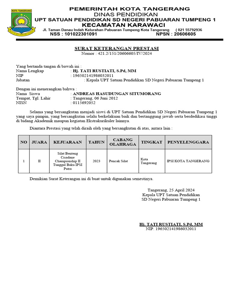 2024-Surat Keterangan Jalur Prestasi | PDF