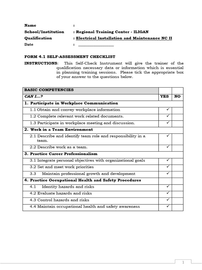 EIM NC II Self-Assessment Checklist | PDF | Electrical Wiring | Safety