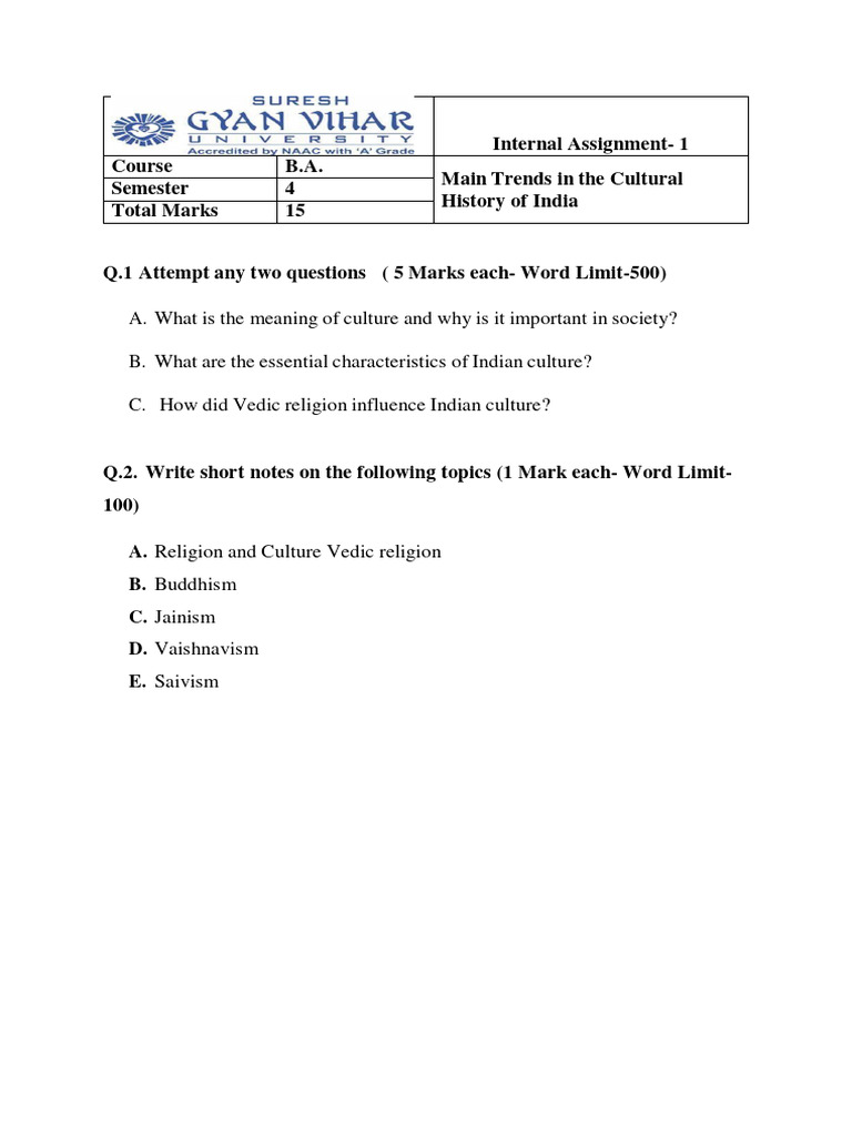 HS-202-Main Trends in The Cultural History of India Assigenment 01 | PDF