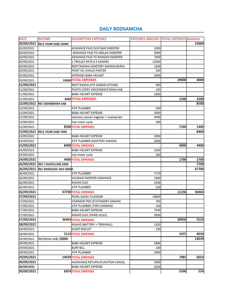 Daily Roznamcha Expense Report | PDF