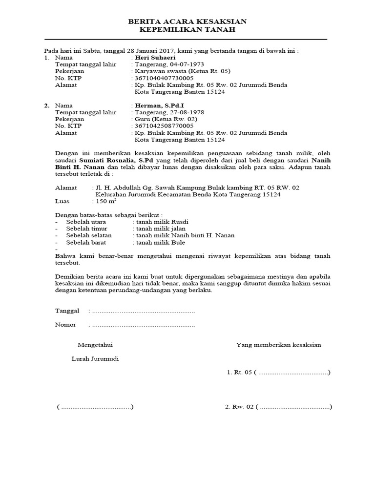 Berita Acara Kesaksian Kepemilikan Tanah | PDF