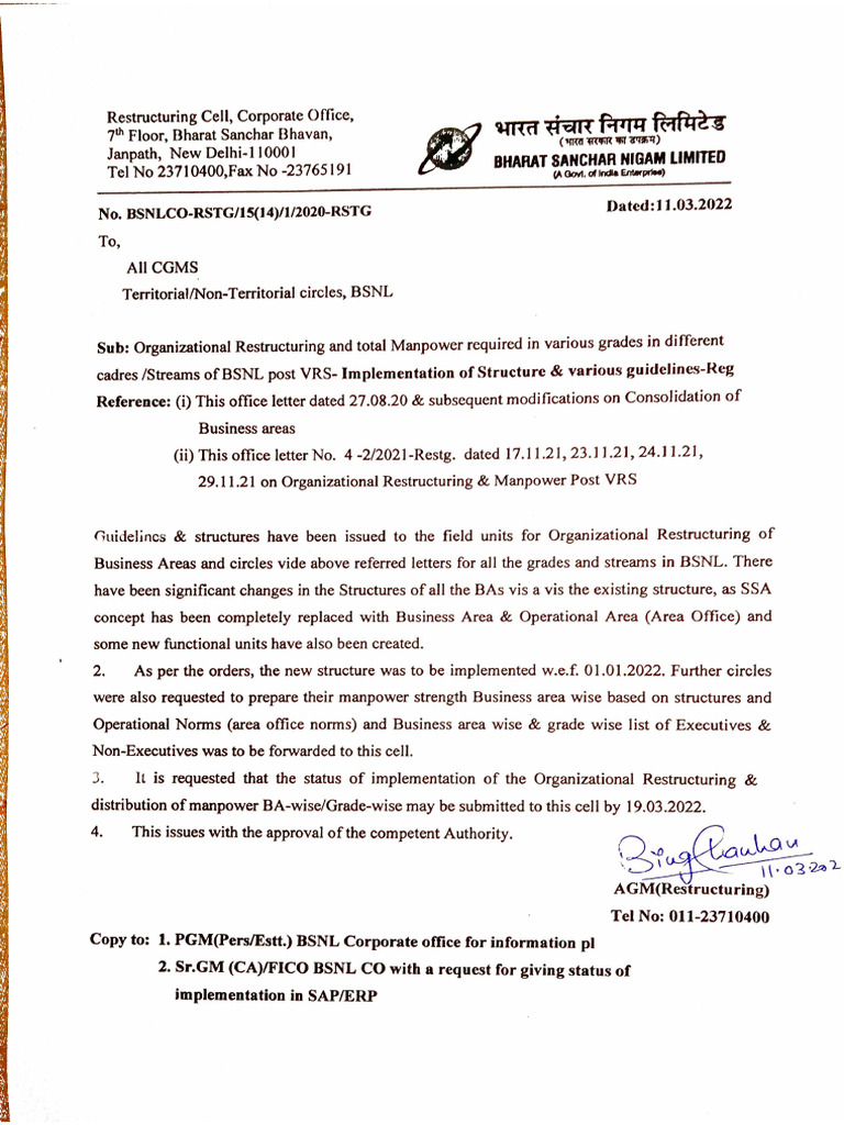 Implementation of Restructuring Letter Dated 11 March 2022 | PDF