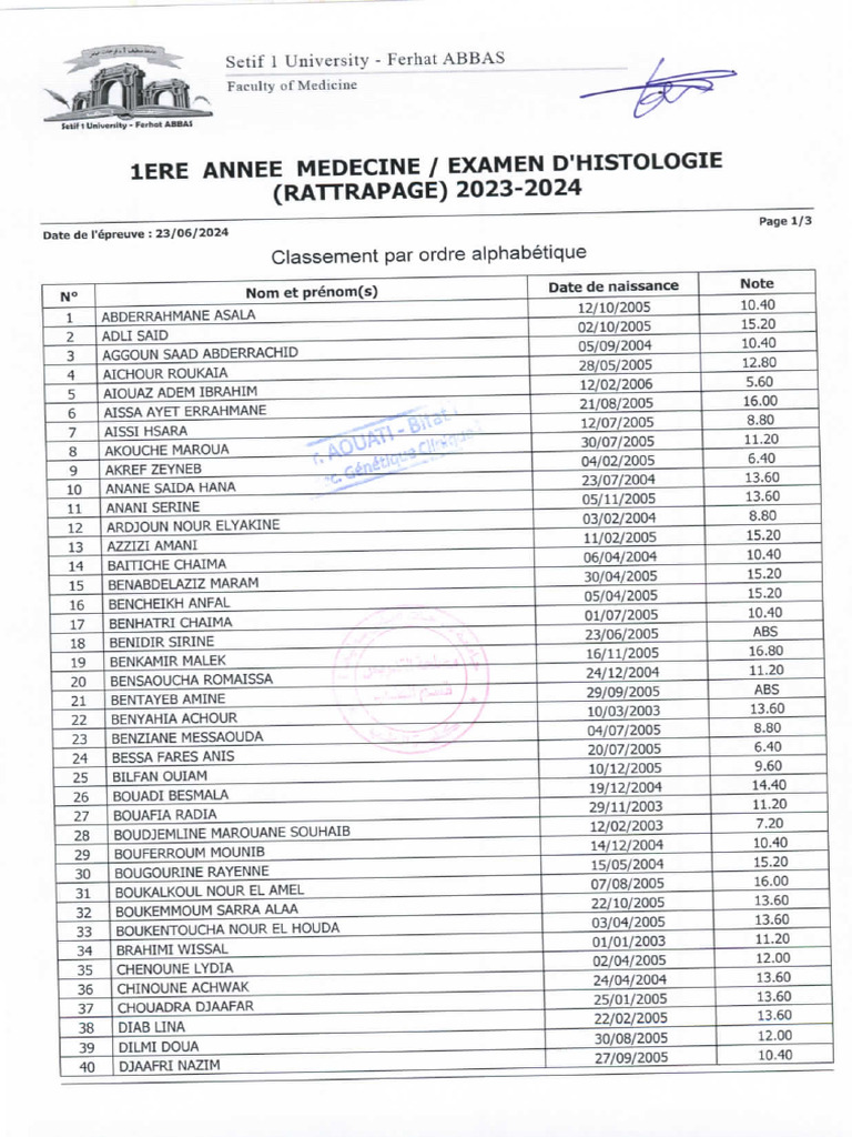 PV Rattrapage 1ere Annee 2023 2024 Histologie | PDF