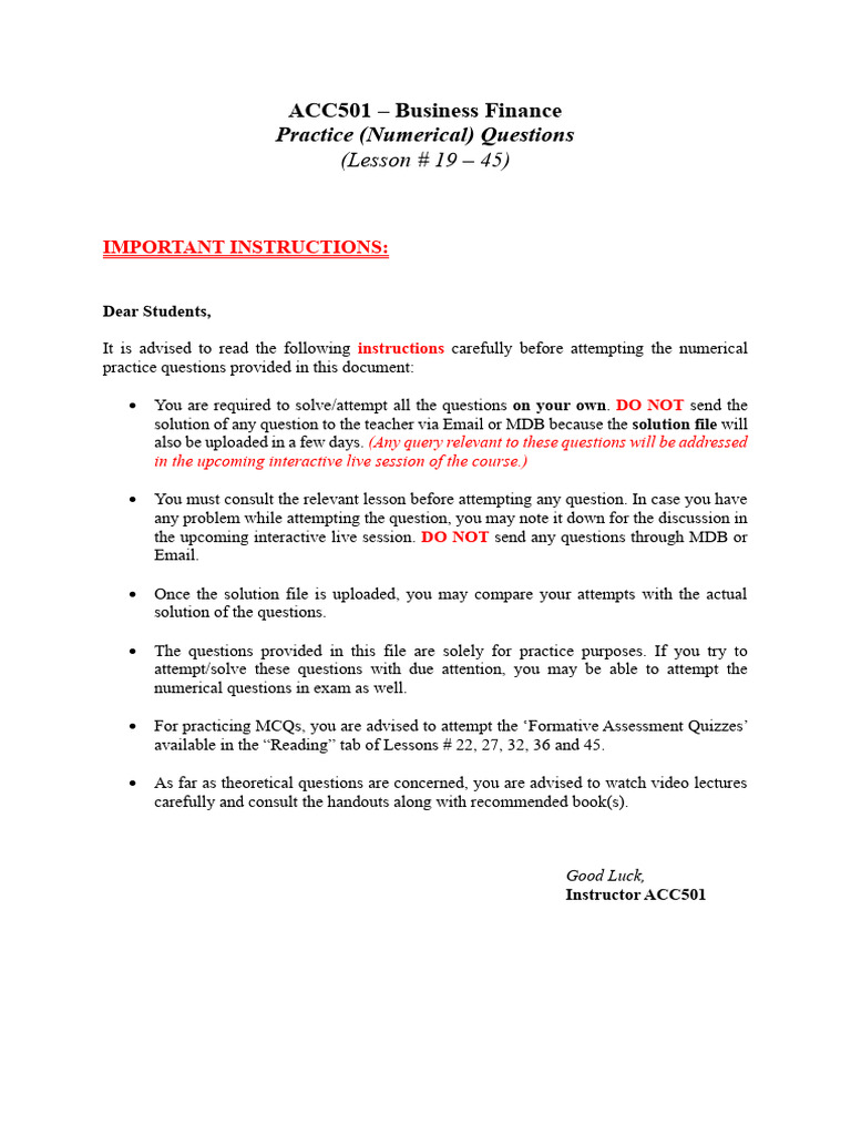 ACC501 - Practice Question (Lesson 19 - 45) | PDF | Cost Of Capital | Net Present Value